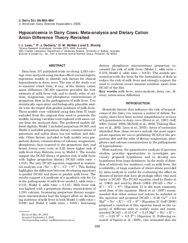 (PDF) Hypocalcemia in Dairy Cows: Meta-analysis and Dietary Cation ...