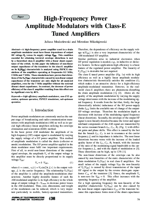 (PDF) High-Frequency Power Amplitude Modulators with Class-E Tuned Amplifiers