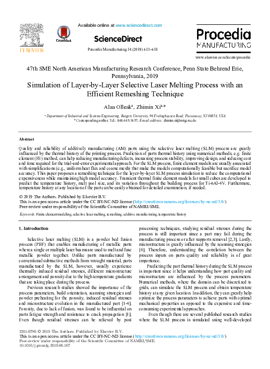Pdf Simulation Of Layer By Layer Selective Laser Melting Process With An Efficient Remeshing