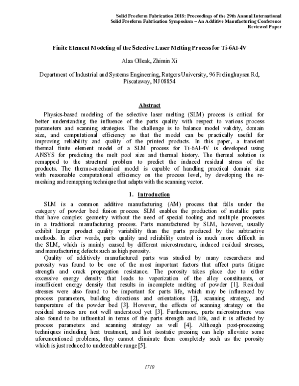 Pdf Finite Element Modeling Of The Selective Laser Melting Process For Ti 6al 4v 