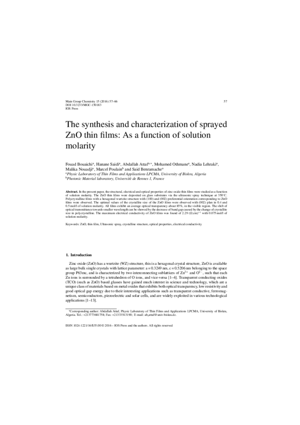 (PDF) The synthesis and characterization of sprayed ZnO thin films: As ... (PDF) The synthesis and characterization of sprayed ZnO thin films: As ...