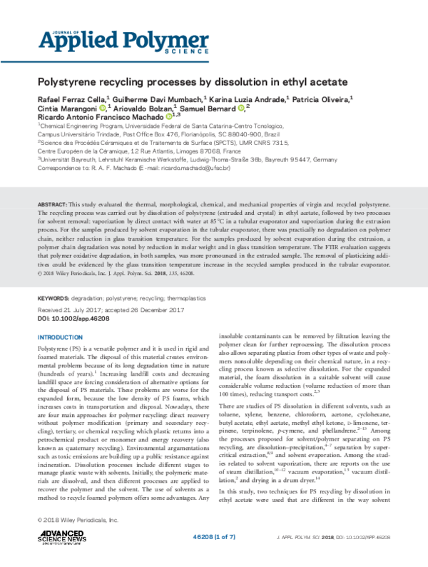 (PDF) Polystyrene recycling processes by dissolution in ethyl acetate