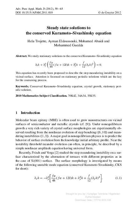 (PDF) Steady state solutions to the conserved Kuramoto–Sivashinsky equation