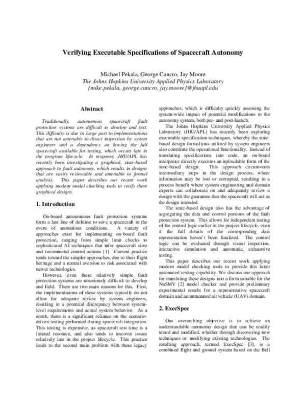 Pdf Verifying Executable Specifications Of Spacecraft Autonomy