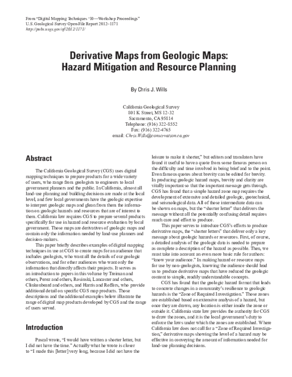 (PDF) Derivative Maps from Geologic Maps: Hazard Mitigation and Resource Planning