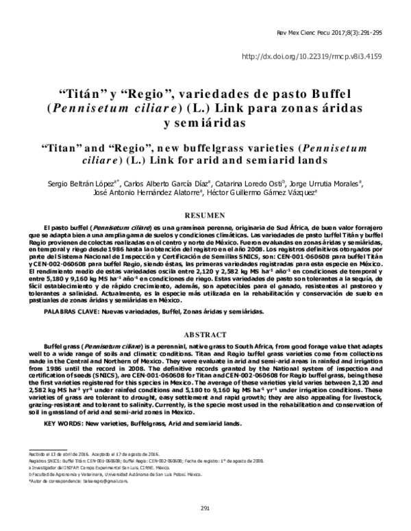 (PDF) “Titán” y “Regio”, variedades de pasto Buffel (Pennisetum ciliare ...