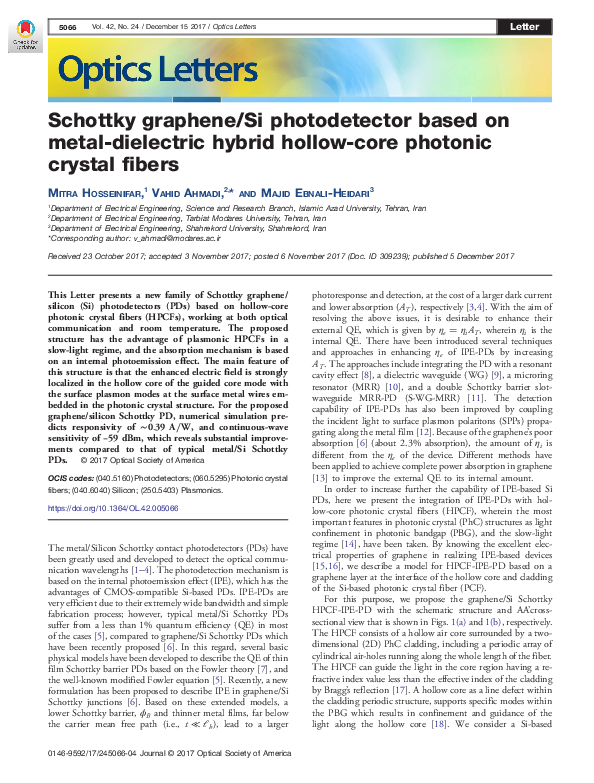 Pdf Schottky Graphene Si Photodetector Based On Metal Dielectric Hybrid Hollow Core Photonic