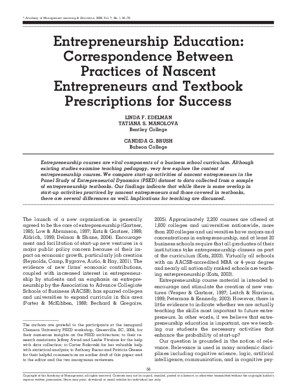 (PDF) Entrepreneurship Education: Correspondence Between Practices of ...