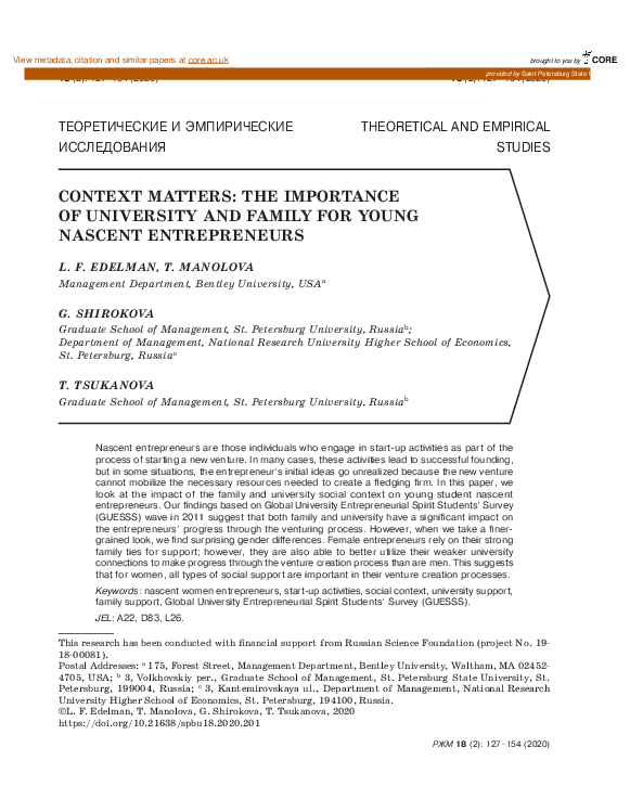 (PDF) Context matters: The importance of university and family for young nascent entrepreneurs
