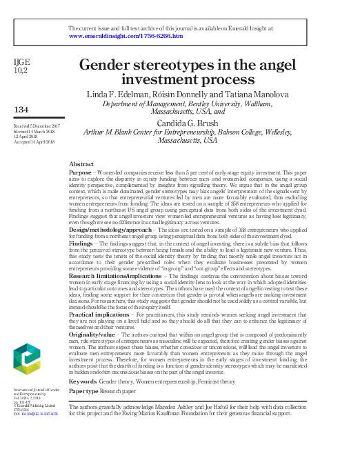(PDF) Gender stereotypes in the angel investment process