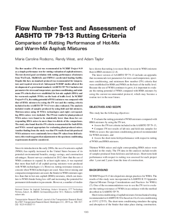 (PDF) Flow Number Test and Assessment of AASHTO TP 79-13 Rutting Criteria