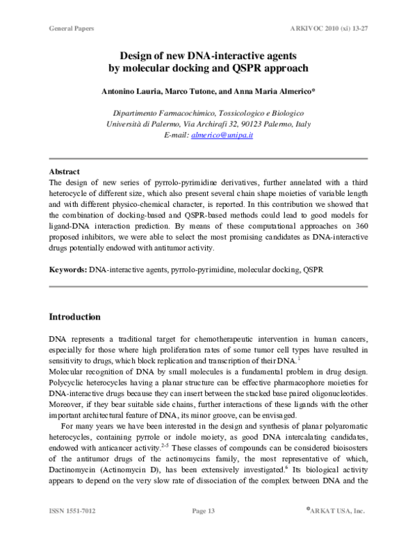 (PDF) Design of new DNA-interactive agents by molecular docking and QSPR approach