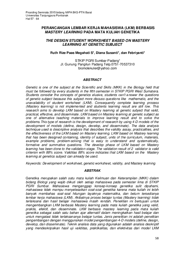 (PDF) Perancangan Lembar Kerja Mahasiswa (LKM) Berbasis Mastery Learning Pada Mata Kuliah ...