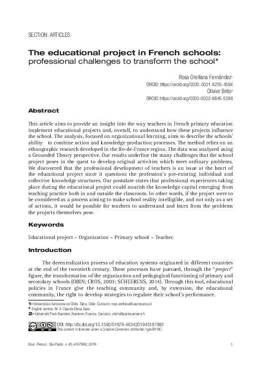 (PDF) The educational project in French schools: professional ...