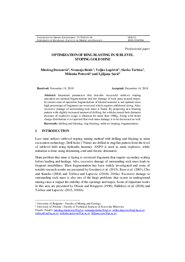 (PDF) Optimization of ring blasting in sublevel stoping gold mine