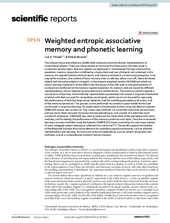 (PDF) Weighted entropic associative memory and phonetic learning