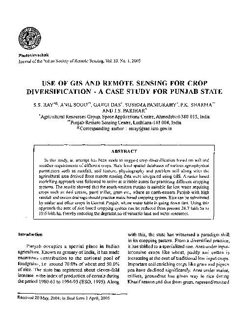 (PDF) Use of GIS and remote sensing for crop diversification — a case study for Punjab state