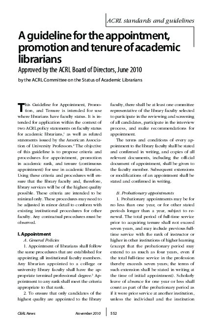 (PDF) A guideline for the appointment, promotion and tenure of academic librarians: Approved by ...
