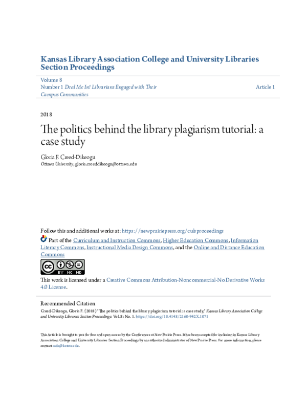 (PDF) The politics behind the library plagiarism tutorial: a case study