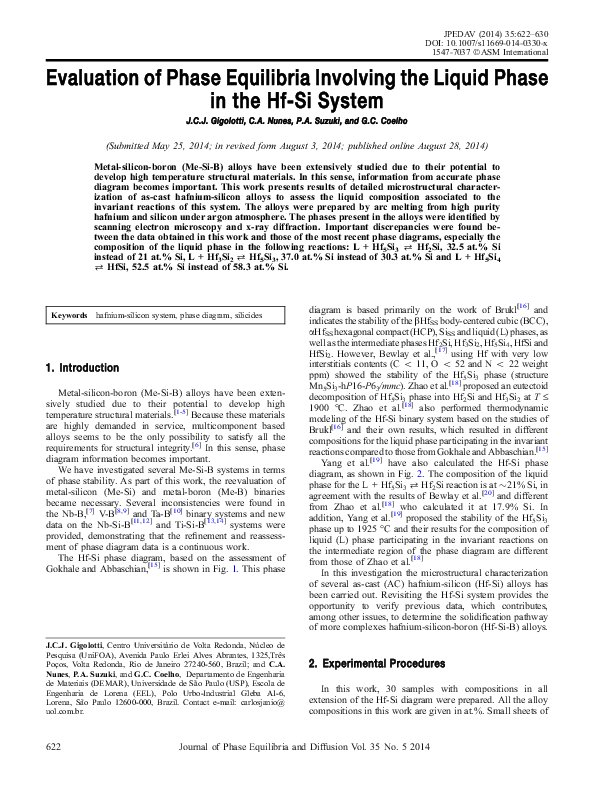 Pdf Evaluation Of Phase Equilibria Involving The Liquid Phase In The Hf Si System Gilberto M