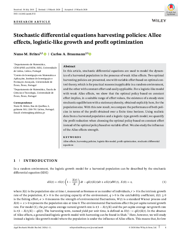 (PDF) Stochastic differential equations harvesting policies: Allee ...