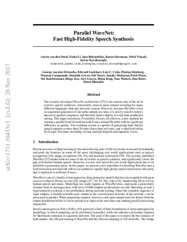 (PDF) Parallel WaveNet: Fast High-Fidelity Speech Synthesis