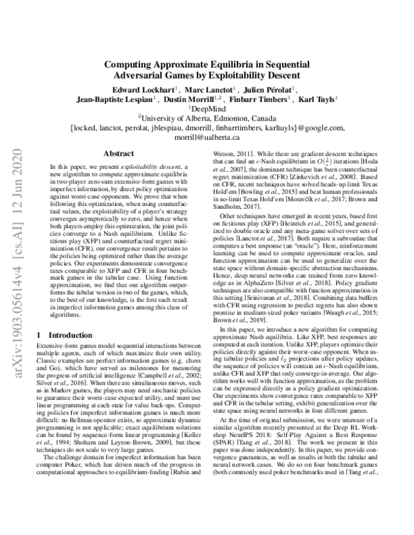 Pdf Computing Approximate Equilibria In Sequential Adversarial Games By Exploitability Descent