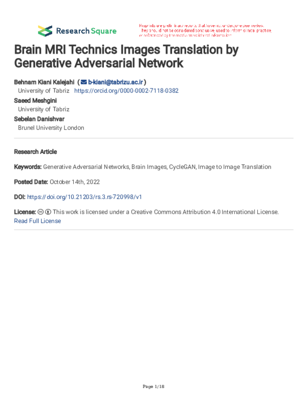 (PDF) Brain MRI Technics Images Translation by Generative Adversarial Network