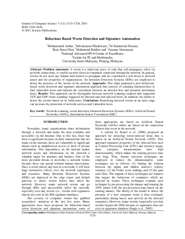 Pdf Behaviour Based Worm Detection And Signature Automation Ahmed Hosam