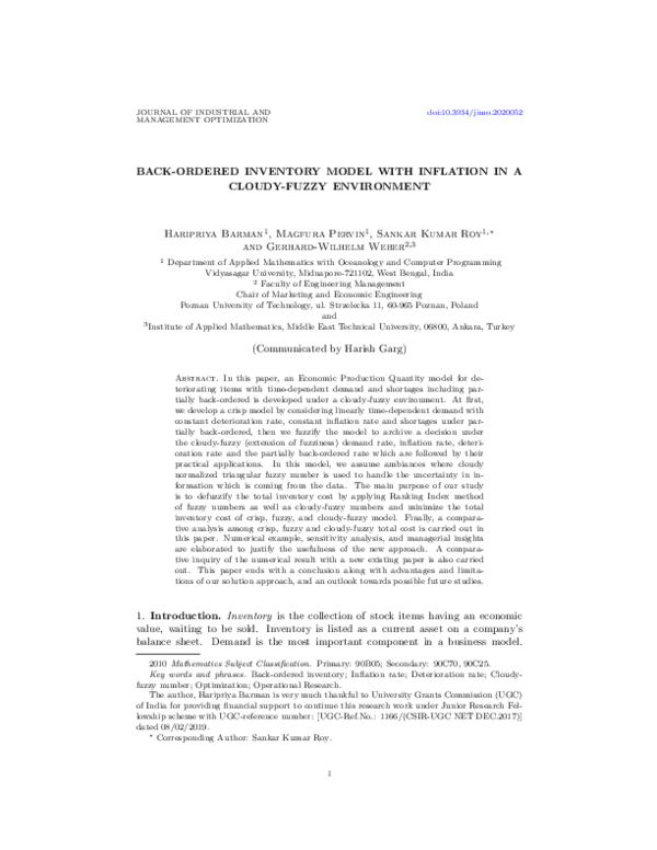 Pdf Back Ordered Inventory Model With Inflation In A Cloudy Fuzzy Environment
