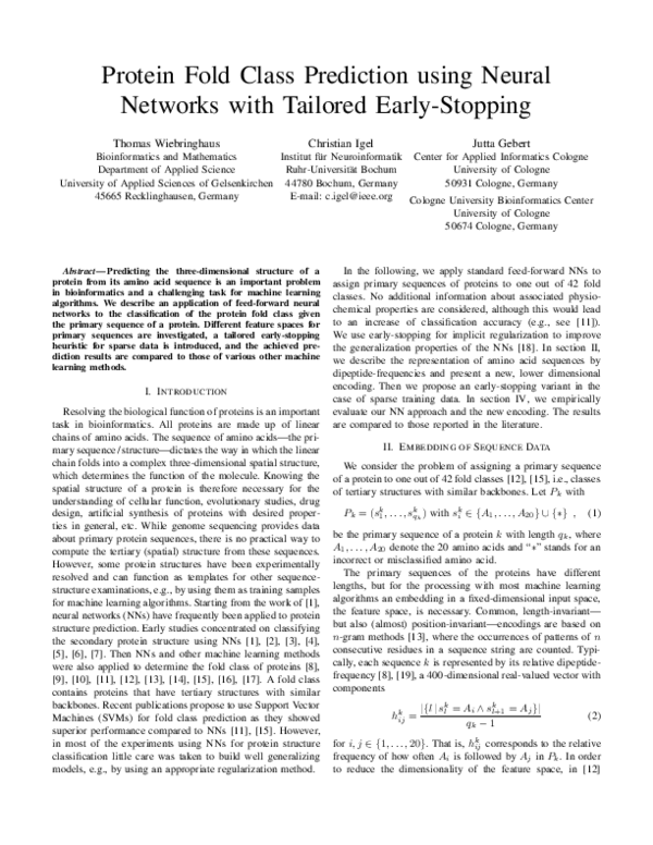 Pdf Protein Fold Class Prediction Using Neural Networks With Tailored Early Stopping Gerhard