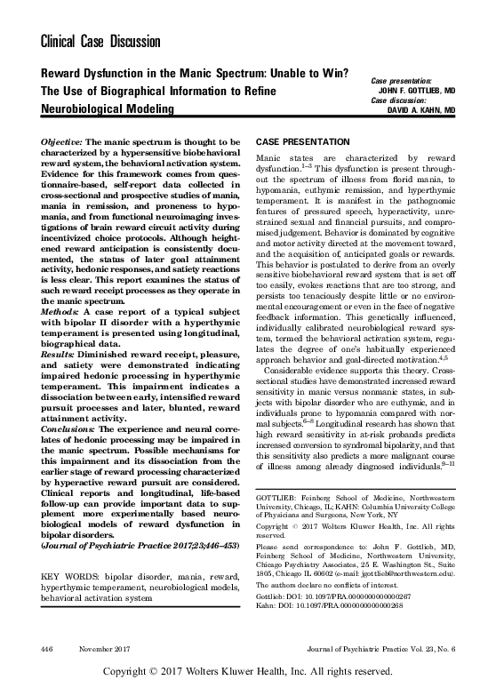 (PDF) Reward Dysfunction in the Manic Spectrum | John Gottlieb ...