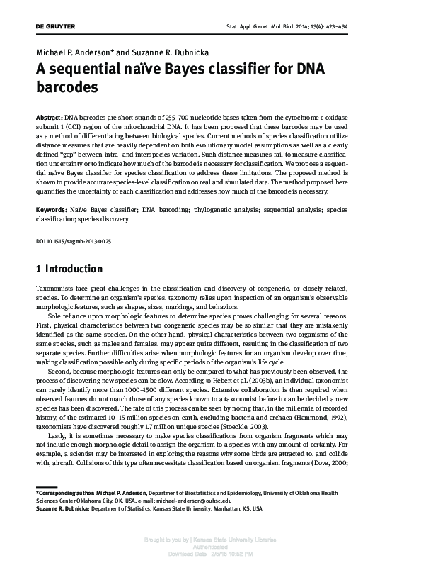 (PDF) A sequential naïve Bayes classifier for DNA barcodes