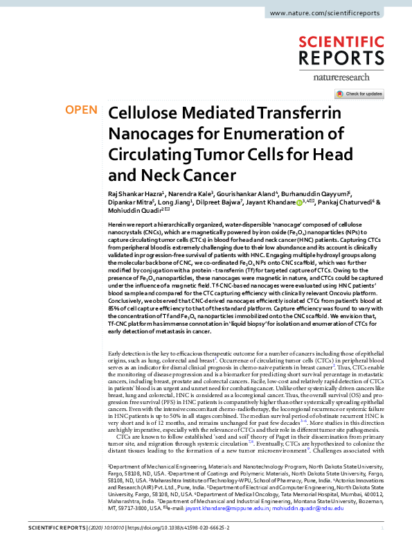 (PDF) Cellulose Mediated Transferrin Nanocages for Enumeration of Circulating Tumor Cells for ...