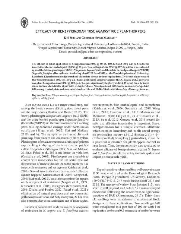 (PDF) Efficacy of Benzpyrimoxan 10SC Against Rice Planthoppers