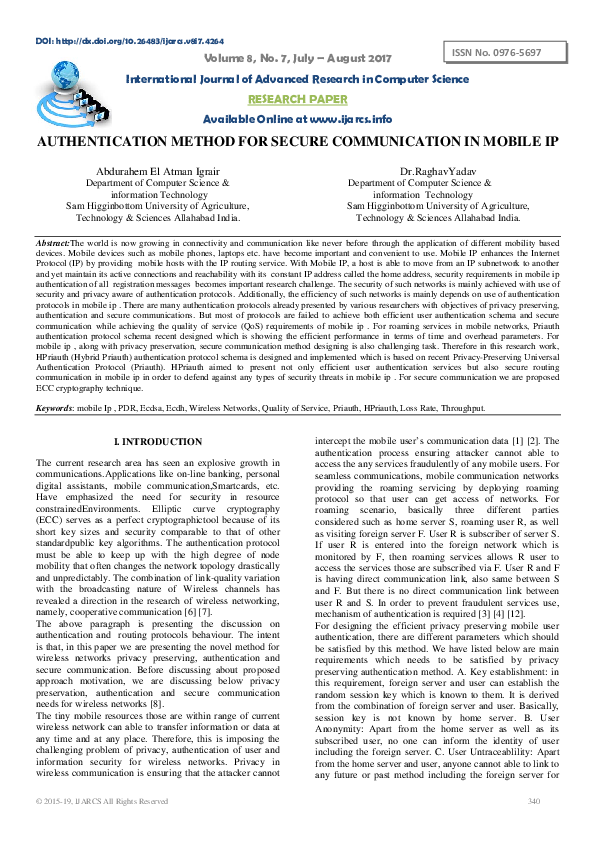 (PDF) Authentication Method for Secure Communication in Mobile Ip