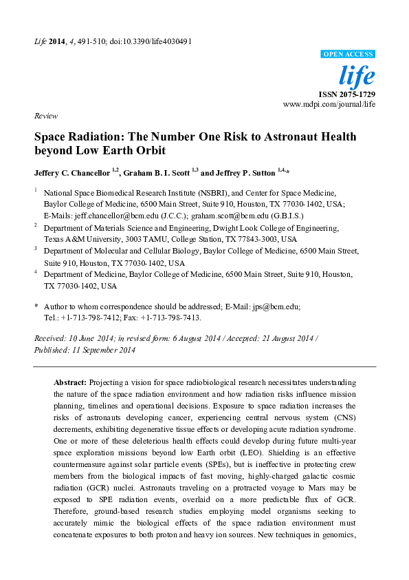 (PDF) Space Radiation: The Number One Risk to Astronaut Health beyond ...