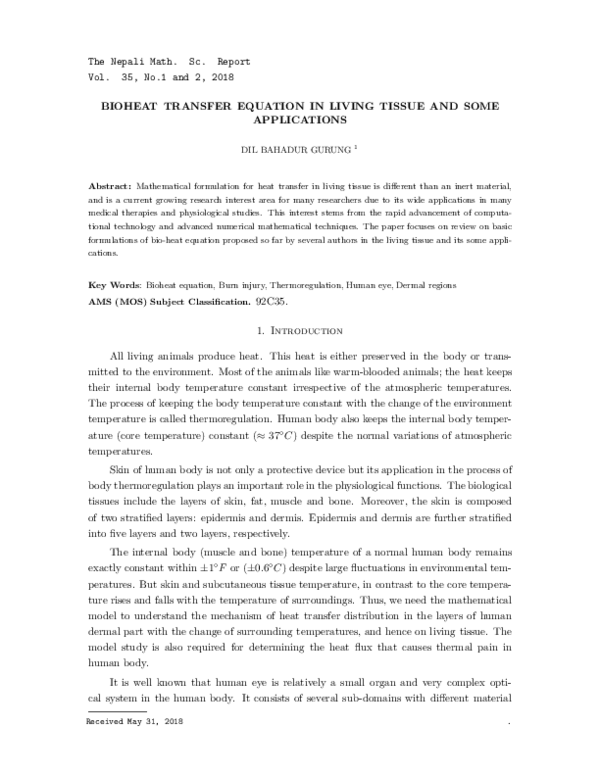 (PDF) Bioheat Transfer Equation in Living Tissue and Some Applications (PDF) Bioheat Transfer Equation in Living Tissue and Some Applications