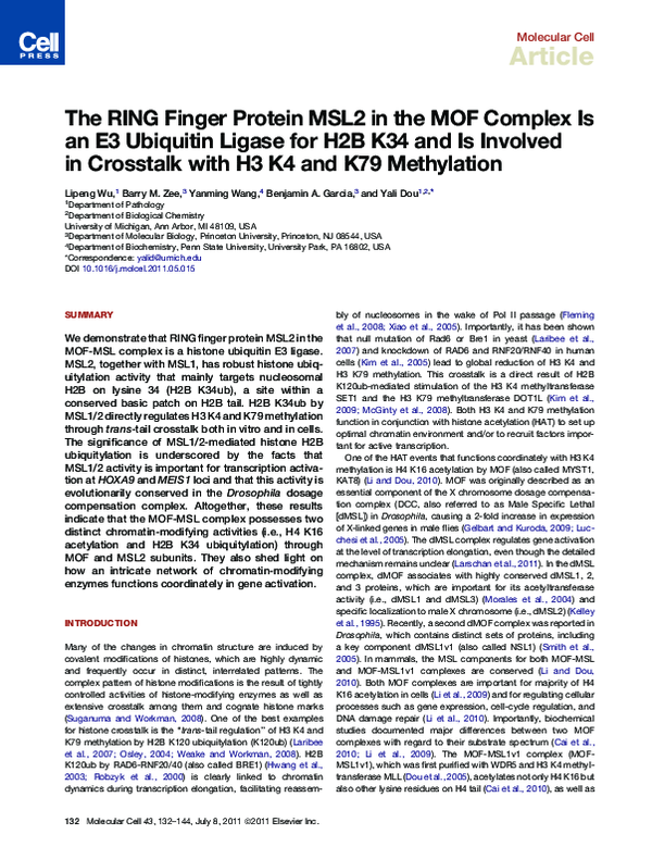 (PDF) The RING Finger Protein MSL2 in the MOF Complex Is an E3 ...