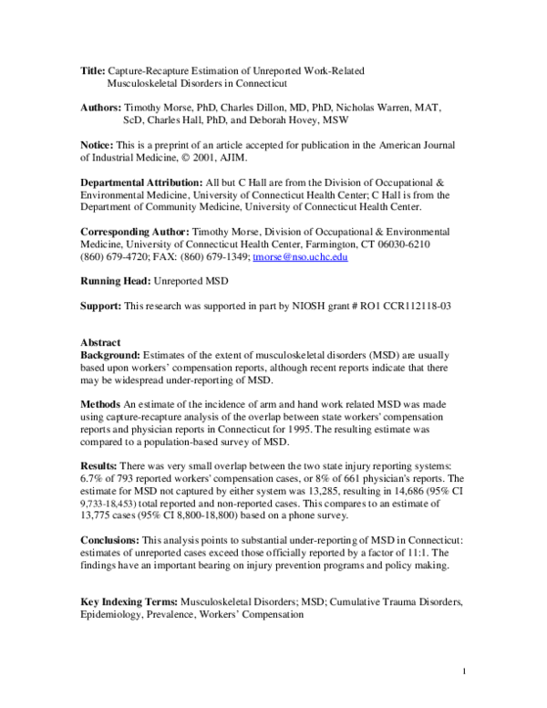(PDF) Capture-recapture estimation of unreported work-related musculoskeletal disorders in ...