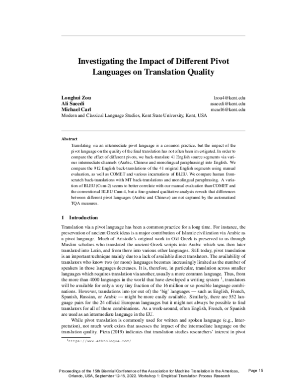(PDF) Investigating the Impact of Different Pivot Languages on Translation Quality