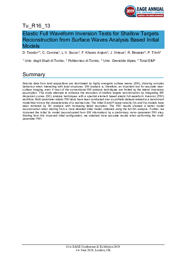 (PDF) Elastic Full Waveform Inversion Tests for Shallow Targets ...