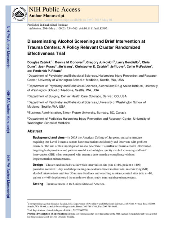 (PDF) Disseminating alcohol screening and brief intervention at trauma centers: a policy ...