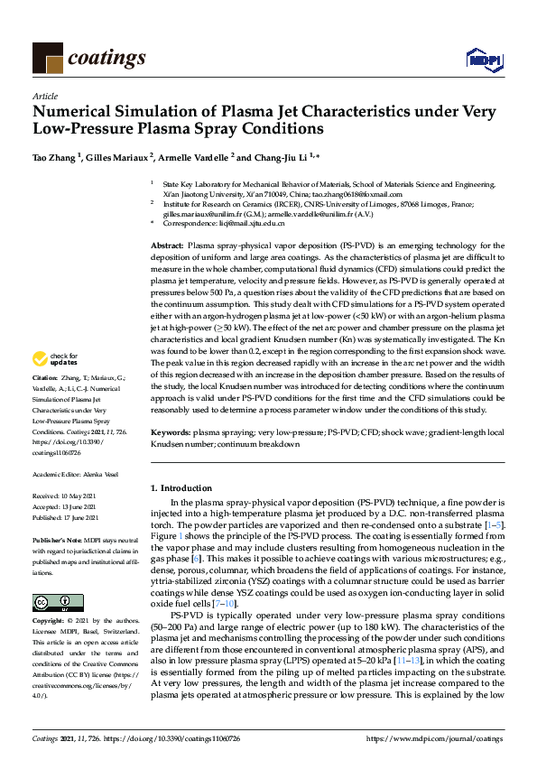 (PDF) Numerical Simulation of Plasma Jet Characteristics under Very Low ...