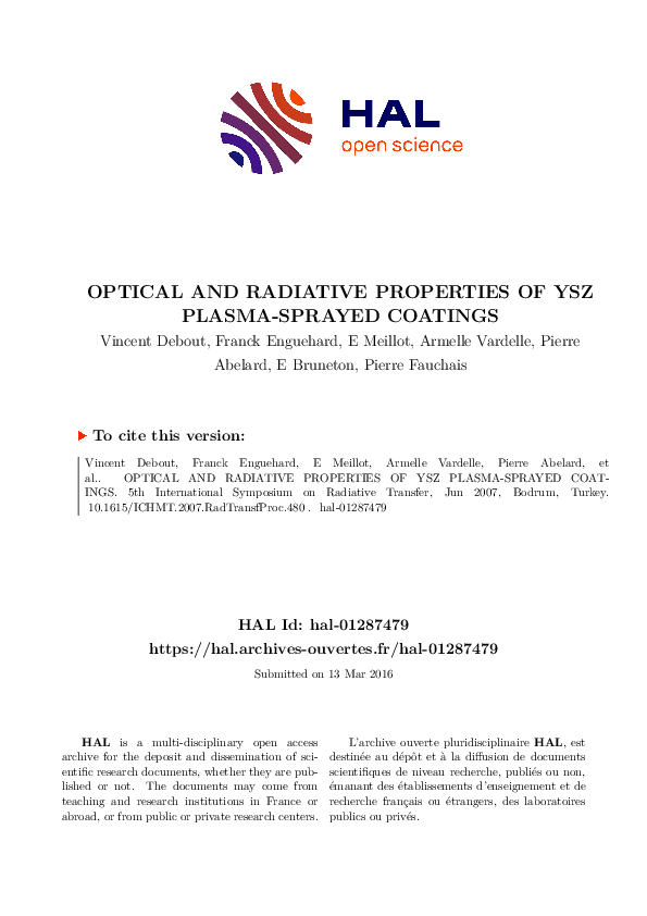(PDF) Optical and Radiative Properties of Ysz Plasma-Sprayed Coatings | Armelle Vardelle ...