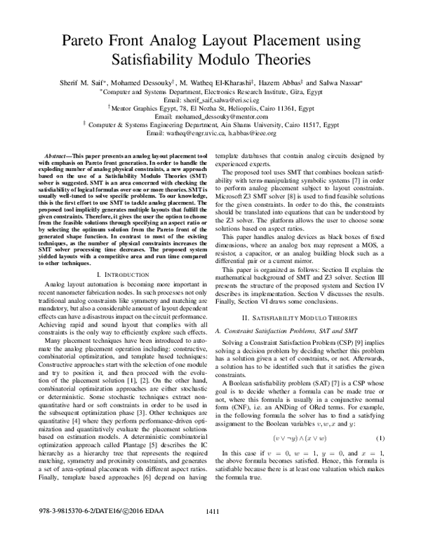 (PDF) Pareto Front Analog Layout Placement using Satisfiability Modulo Theories