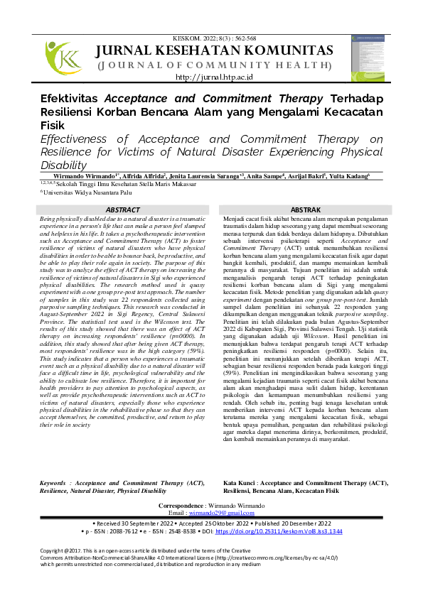 (PDF) Effectiveness of Acceptance and Commitment Therapy on Resilience for Victims of Natural ...
