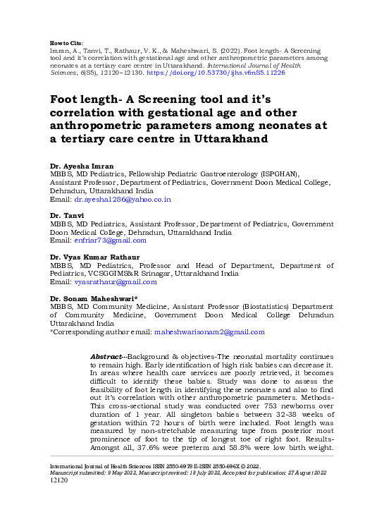 (PDF) Foot length- A Screening tool and it’s correlation with ...