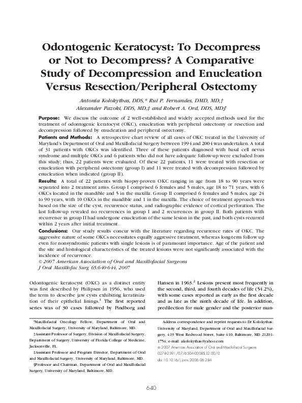 (PDF) Comparative Study of Decompression vs Enucleation for OKC