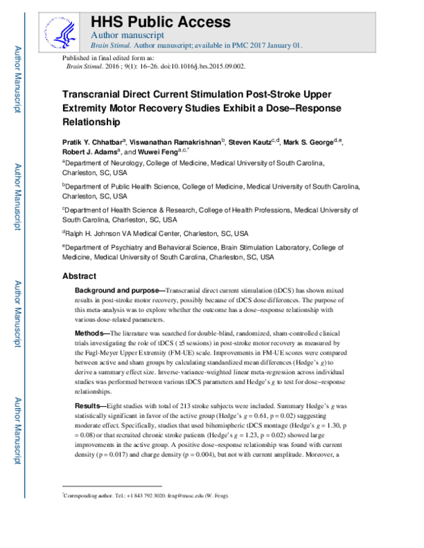 (PDF) Transcranial Direct Current Stimulation Post-Stroke Upper Extremity Motor Recovery Studies ...